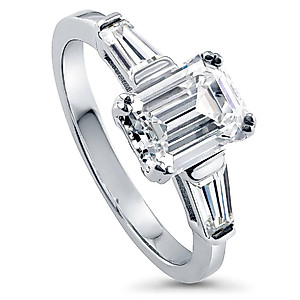 BERRICLE Sterling Silver 3-Stone Wedding Engagement Rings Emerald Cut Cubic Zirconia CZ Anniversary Ring for Women, Rhodium Plated Size 6.5