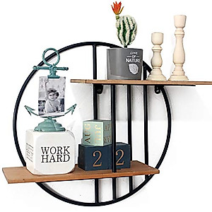 Funerom Rustic Wood and Metal Wall Mounted Floating Shelves Decorative Round Wall Shelf for Living Room, Bathroom, Kitchen