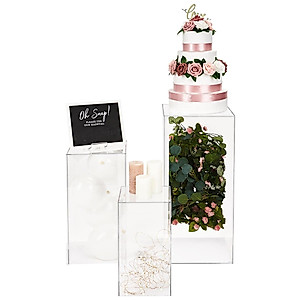 Displays2go Set of 3 Pedestals for Floor, Square Tops, 3 Sizes, Fillable, Acrylic - Clear (SMCLRPED3)