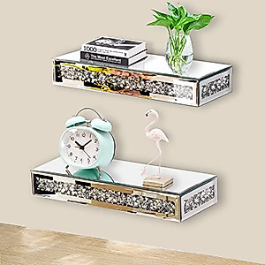 TACIDON Mirrored Floating Shelves Wall Mounted. Crystal Crushed Diamond Modern Wall Shelves Set of 2, Gorgeous Glass Mirror Shelf for Home Wall Decor, Bedroom, Living Room, Bathroom, Kitchen - Silver