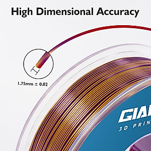 GIANTARM Tri-Colors Silk Pla Filament, 3D Printer Filament 1.75mm +/-0.02mm, 1Kg (2.2lbs) Spool, Vacuum Packaging（Red+Gold+Purple）