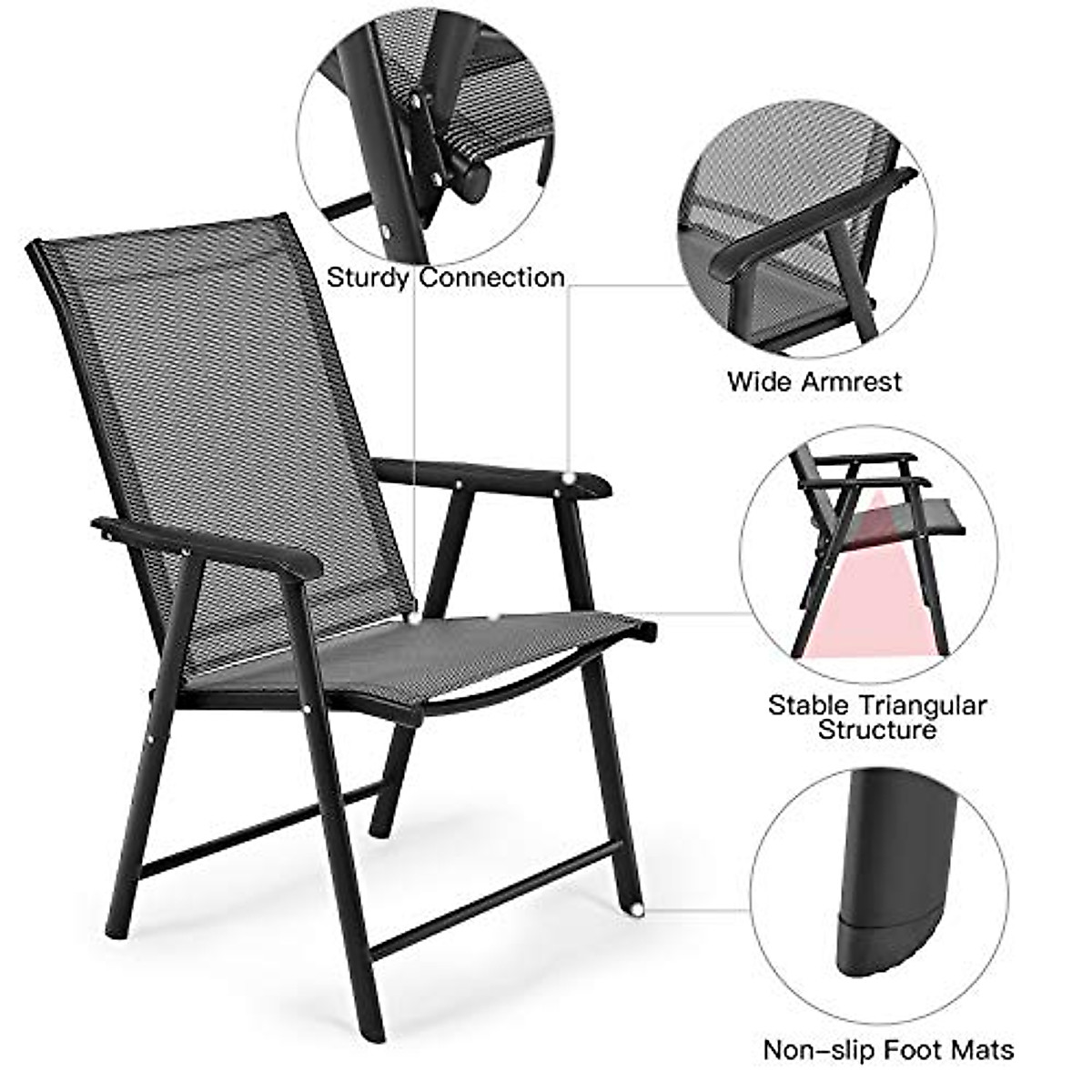 RELAX4LIFE Patio Folding Chairs Set of 4 W/Armrest,High Backrest&Metal Frame Patio Dining Chairs Set for Courtyard, Garden, Poolside Outdoor & Indoor No-Assembly Folding Sling Chairs (4, Gray)