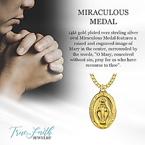 TrueFaithJewelry 14KT Gold-Plated Sterling Silver Our Lady Of Grace Miraculous Medal Necklace Pendant Religious Jewelry, 1 1/8 Inch