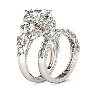 Jeulia Skull Engagement Ring Sets Sterling Silver Promise Eternity Band Rings Diamond Princess Cut with Cubic Zirconia Wedding Engagement Anniversary Promise Rings Bridal Sets (7.5(U.S))