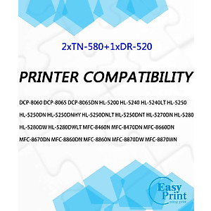 (2 Black Toner Cartridges, 1 Drum Unit) Compatible High Yield TN-580 TN580 Toner Cartridge and DR-520 Drum Unit Used for Brother DCP-8065DN HL-5240 5250DN 5340D MFC-8890DW 8460N Printer, by EasyPrint