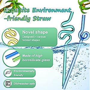 Yinkin 6 Pcs Wavy Glass Straws Reusable Curved Straw Shatter Resistant with 2 Cleaning Brushes Clear Silly High Borosilicate for Kids Adults Smoothies Juice (Colorful, 8 Inch)