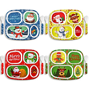 Hoolerry 4 Set Dinner Plate for Kids Boys Girls Dinnerware Divided Plates with Fork and Spoon Elk Shark Dinosaur Vehicle Excavator Unicorn Kids Dishes for Top Rack Dishwasher Safe(Cute)