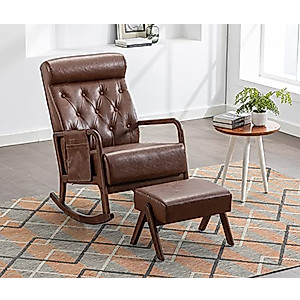 Kurhwyss Nursery Rocking Chair with Ottoman, Upholstered Rocker Chair with Arm Pocket, Modern Accent Glider Chair with Comfy High Back for Living Room Bedroom (Brown)