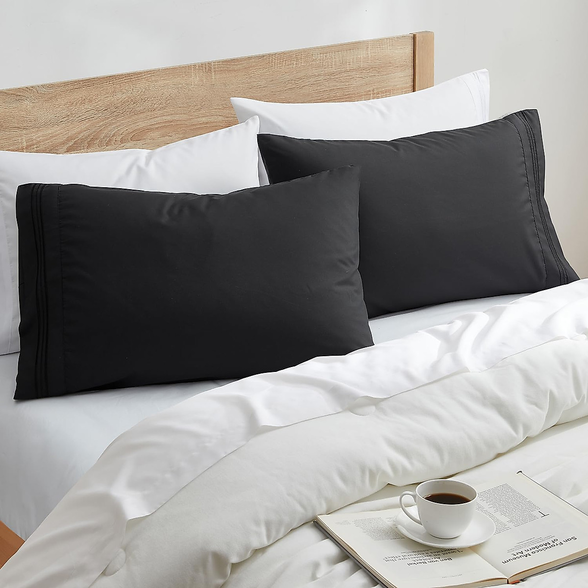 Nestl Microfiber King Pillowcase, 2 - 1800 Thread Count, Soft, Wrinkle Free, Fade Resistant, Envelope Closure, Set of 2, Black, 20x40 Inches