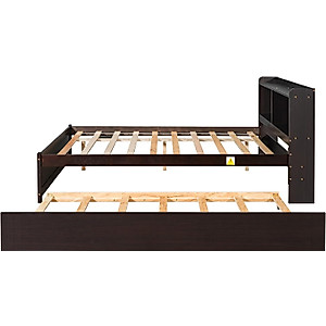 Harper & Bright Designs Full Bed Frame with Trundle, Full Trundle Bed with Bookcase Headboard, Wood Full Size Platform Bed with Twin Trundle Bed Under for Kids Girls Boys, Espresso