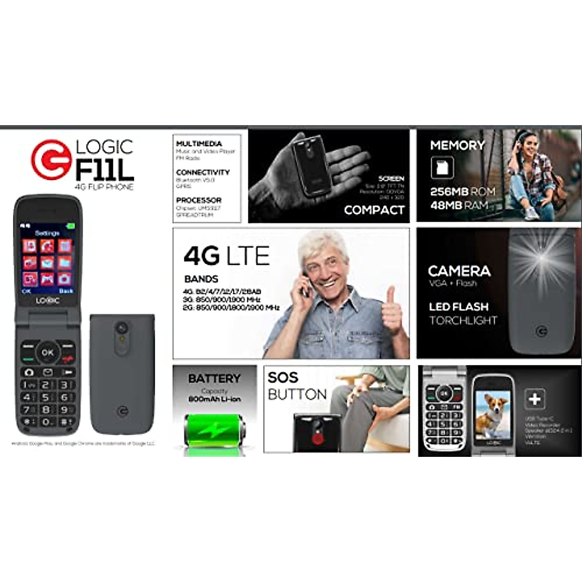 Flip Phone 4G LTE Volte Unlocked Worldwide (Only T-Mobile USA Market) Logic F11 4G Dual Nano Sim LTE Bluetooth SOS Radio FM (Black)