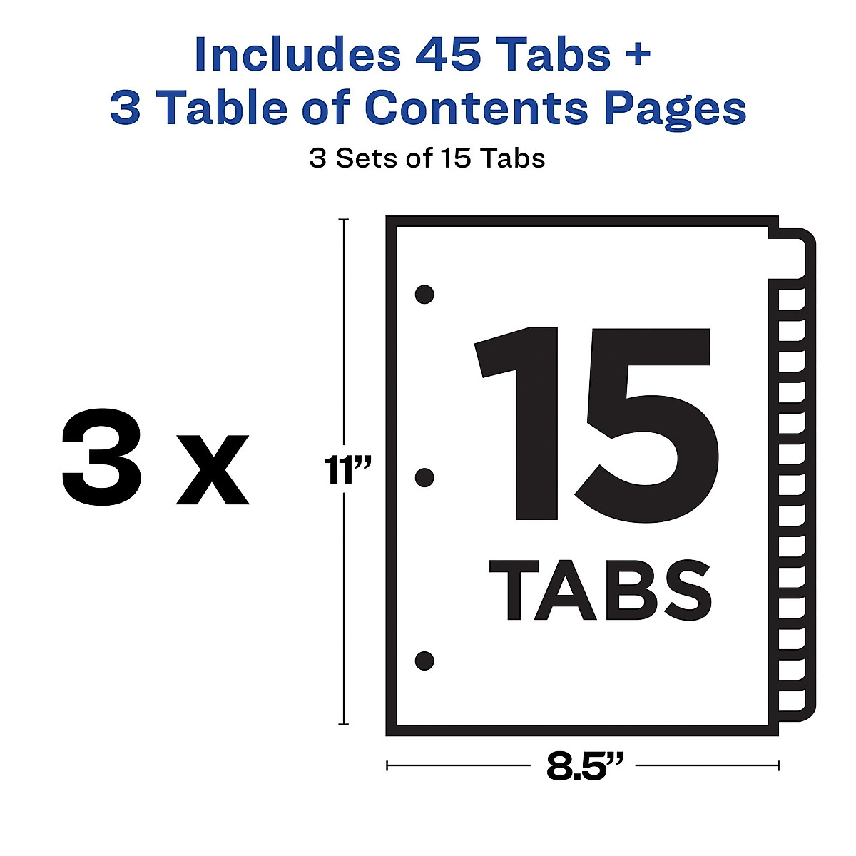 Avery 15 Tab Dividers for 3 Ring Binders, Customizable Table of Contents, Classic White Tabs, 3 Sets (11079)