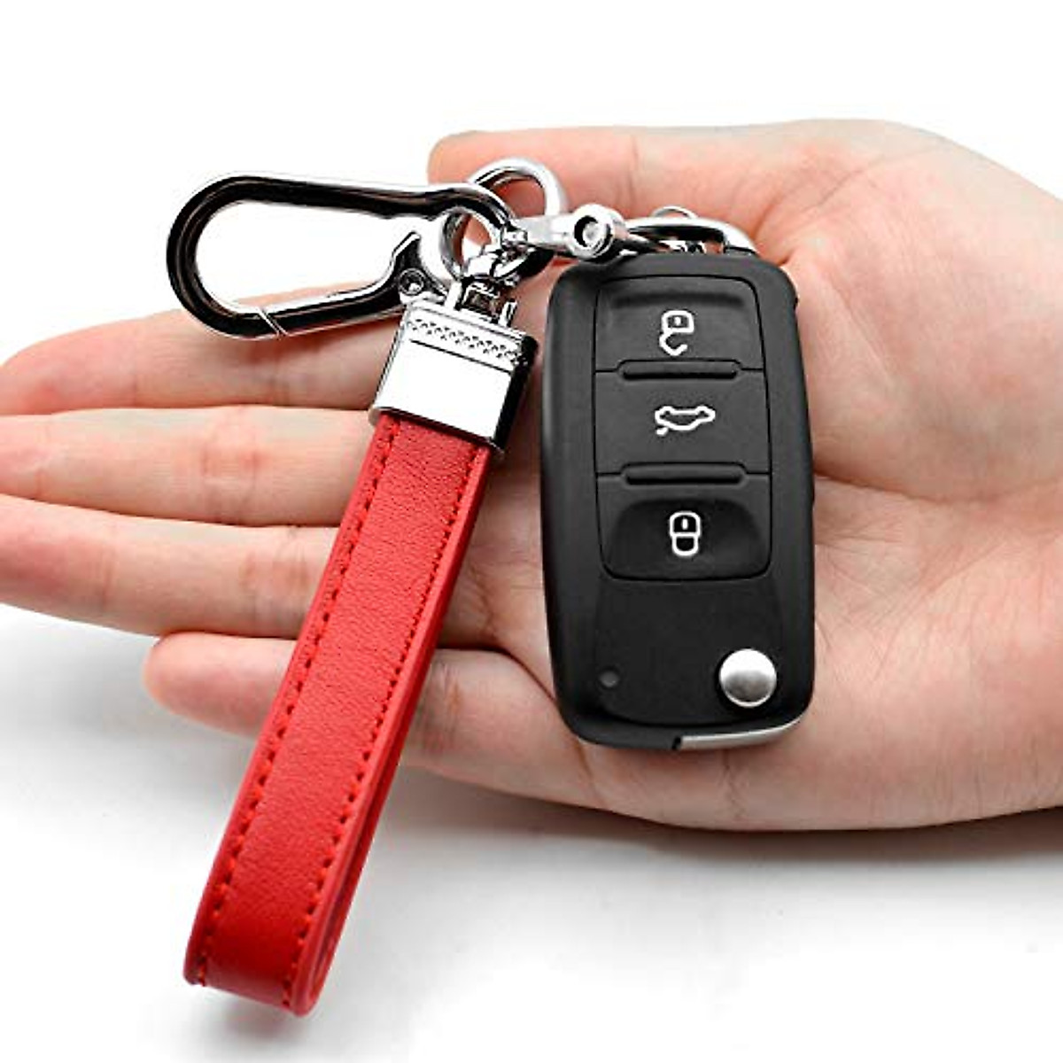 INFIPAR Multifunctional Car and Home Keychain Red Genuine Leather Key Chain and Metal Key Rings for Men Women, with 360 Degree Rotatable Snap Swivel and Anti-lost Screw
