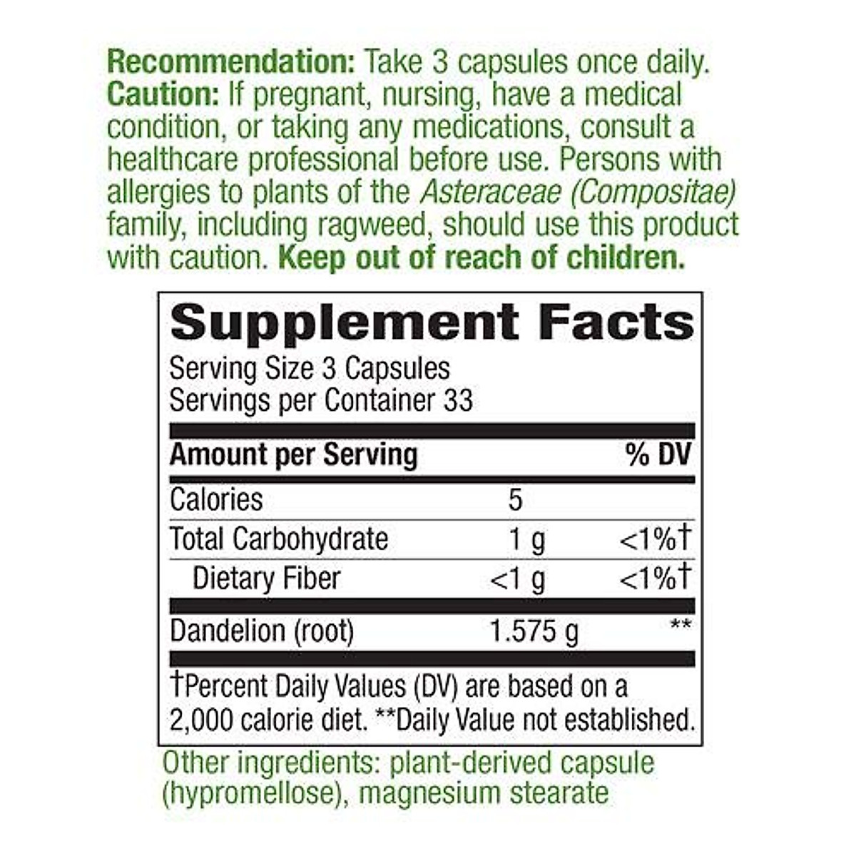 Nature's Way Dandelion Root, 1,575 mg, Non-GMO Project Verified, Gluten Free, Vegetarian, 100 Capsules, Pack of 2