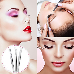 Honoson 6 Pieces Lash Eyelash Extension Tweezers Set Stainless Steel Eyelash Tweezers Straight and Curved Tip Tools Set Tweezers Nipper for Women Eyelash Extensions(Silver, Pink)