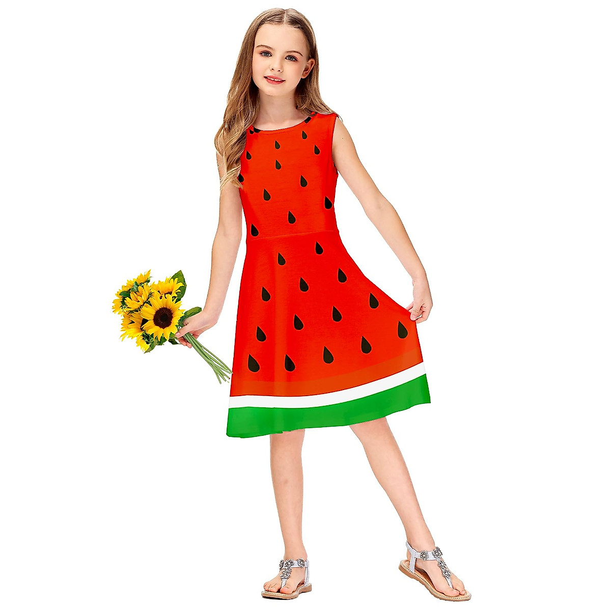 Girls Watermelon Dress Summer Sleeveless Tank Dress Fruit Printed Twirl Skater Flowy Dress 5-6 Years