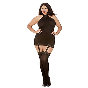 Dreamgirl Women's Plus Size Sexy Fashion Lingerie, Semi-Sheer Halter Garter Dress with Thigh High Stockings, Black, One Size