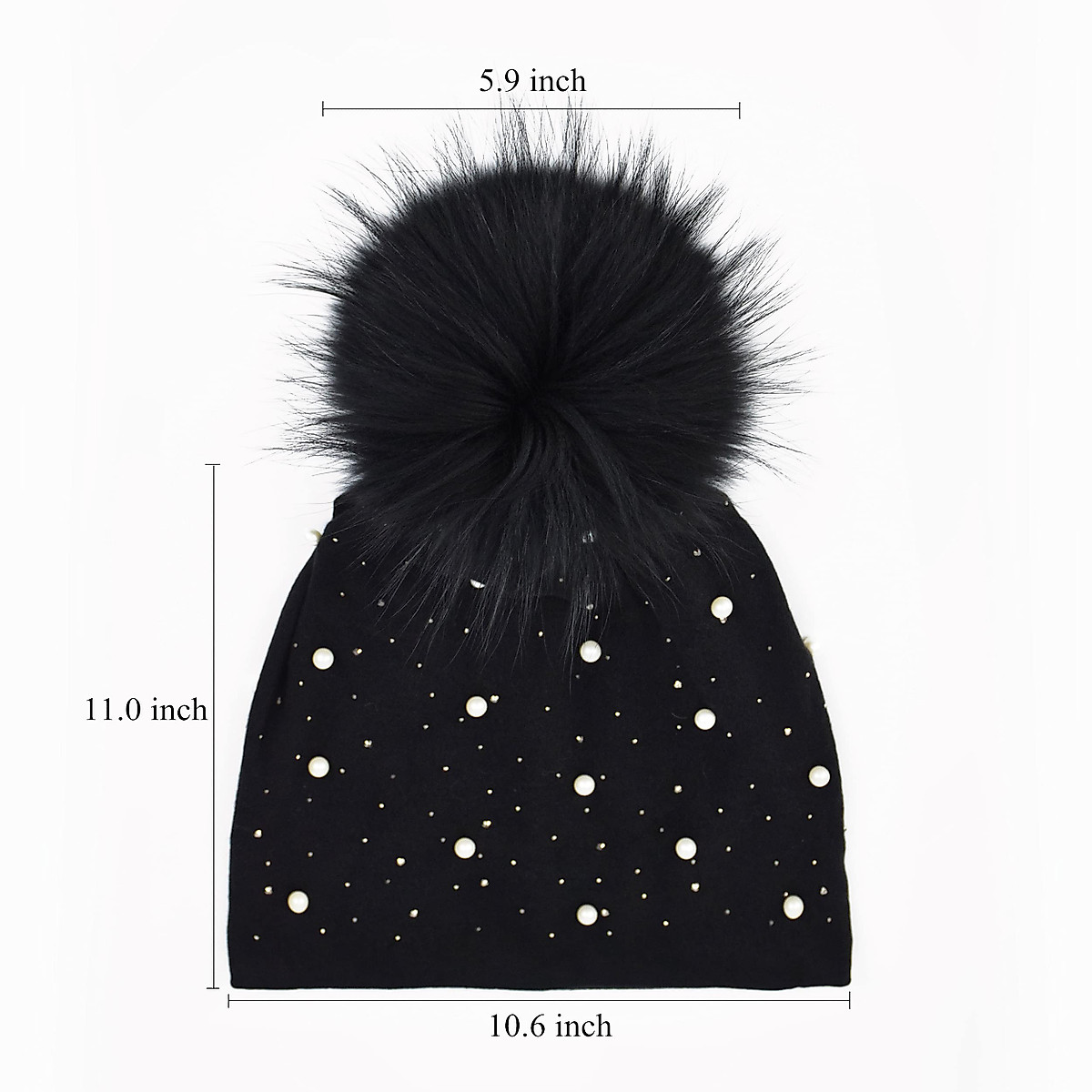 AICHUAN Womens Slouchy Beanie Hat with Real Raccoon Fur Ball Pompom Cotton Pearls Winter Fall Hat
