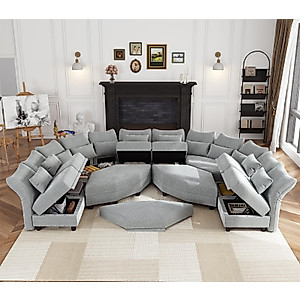 LLappuil U Shaped Oversized Sectional Sofa 167" Wide with 4 Diamond Ottomans, Chenille Modular Couches Sleeper Sofa with Storage and Adjustable Armrest for Living Room, Office, Entertainment, Grey
