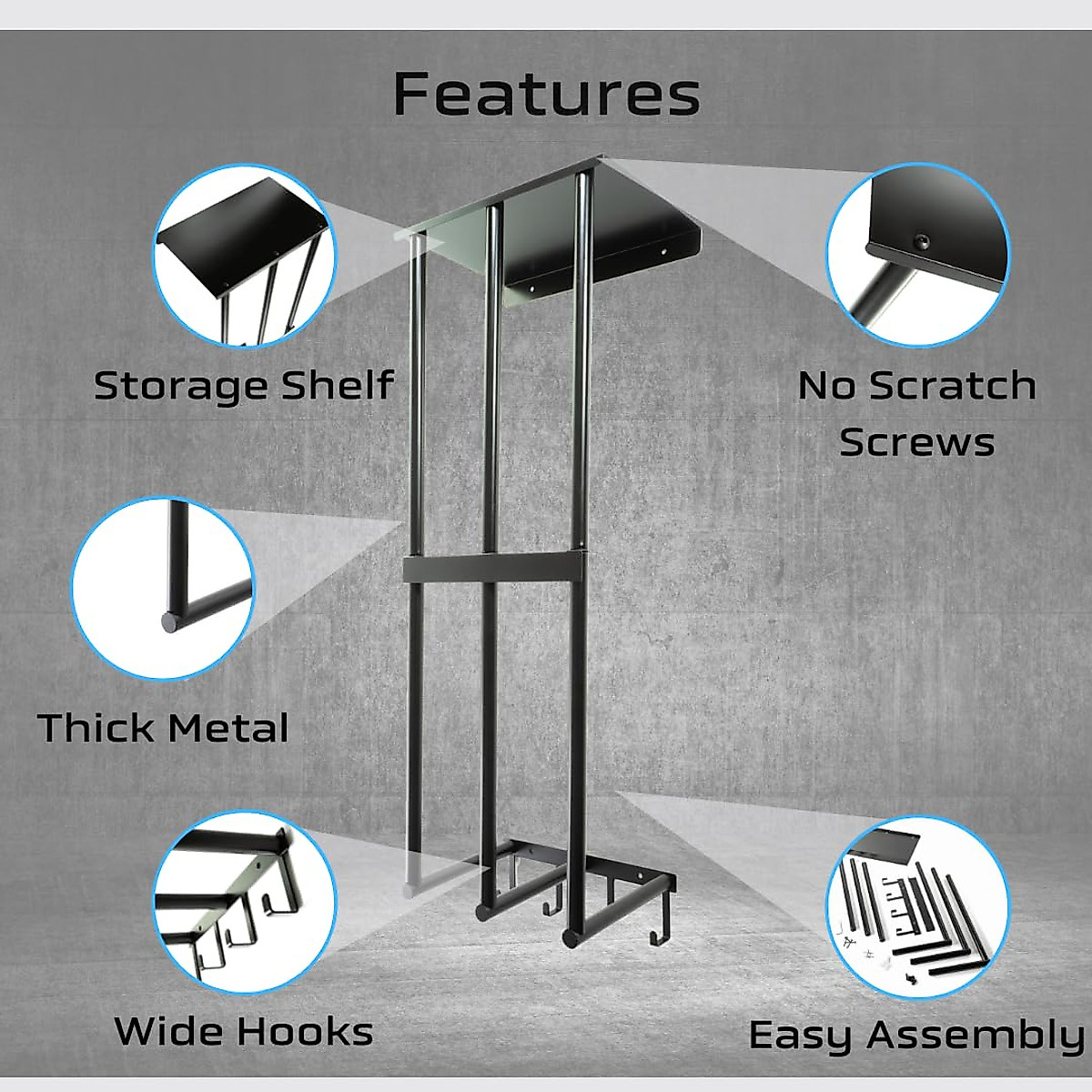 Bagulet Camping Chair Wall Storage for Garage, Metal Rack Organizer with Floating Shelf and 4 Utility Hooks, Stainless Steel Mount Holder System for Umbrella Yoga Mat Folding Beach Seats, Black