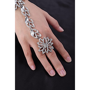 YERTTER Dainty Spark Shining Rhinestone Crystal Hand Chain Bracelet with Finger Ring Flower Slave Link Bracelet Wedding Bridals Hand Jewelry (Style 13)
