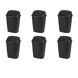 Sterilite 10689006 7.5 Gallon SwingTop Wastebasket, Black Lid and Base, 6-Pack