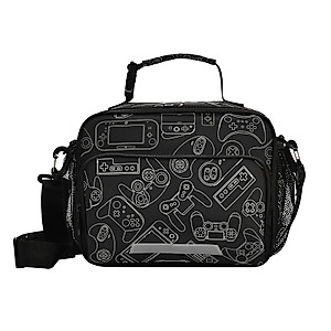 Glaphy Video Game Pattern Black Lunch Bag, Cooler Lunch Tote Box Insulated Lunch Bags Food Container for Boys Girls Kids
