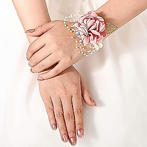 Fstrend Wedding Bridal Corsage Bridesmaid Pearl Leaf Wrist Flower Party Prom Hand Flower Crystal Bride Wedding Accessories for Women and Girls (Pink)