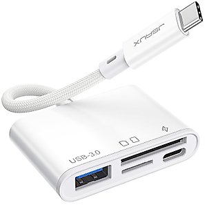4-in-1 USB C SD Card Reader, JSAUX USB-C Micro SD Card Reader with (USB 3.0 & Charging) Port Compatible with iPhone 16/16 Plus/16 Pro/16 Pro Max, Android, Mac, Galaxy, iPad Pro, Camera -White