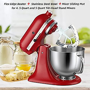 Stainless Steel Bowl for KitchenAid 4.5-5 Quart Tilt-Head Stand Mixers,Flex Edge Beater and Mixer Sliding Mat Compatible with KitchenAid 4.5-5 Quart Tilt-Head Stand Mixer