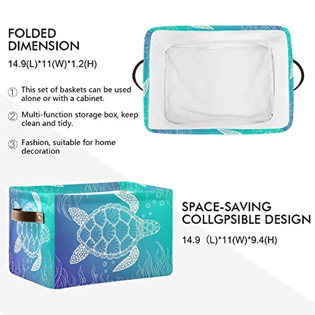 Storage Basket Ocean Animal Sea Turtle Storage Bin with Handle Foldable Rectangle Fabric Organizer Basket for Home Bedroom Nursery Closet, 1 Pack