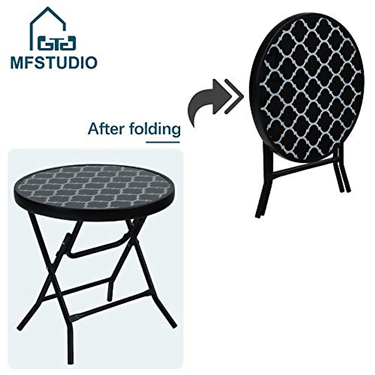 MFSTUDIO Patio Side Table, Folding Portable Round Bistro Coffee Table, Tempered Glass Metal End Table, Plant Stand for Indoor & Outdoor Garden Backyard Lawn Poolside, 18 inch Pattern Black