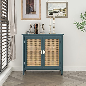 Warmiehomy Rattan Sideboard Buffet Cabinet Accent Storage Cabinet with Doors & Shelf Kitchen Cupboard Console Table Teal Cabinet for Living Room Dining Room Hallway Entryway, Natural, Green