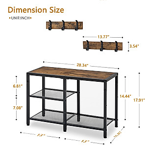 Gewudraw Coat Shoe Rack Bench Entryway - 3 in 1 Entry Bench Seat with Shoe Storage with Coat Hooks Wood Benches Metal Frame Small Shoes Shelf Organizer for Hallway Mudroom Bedroom