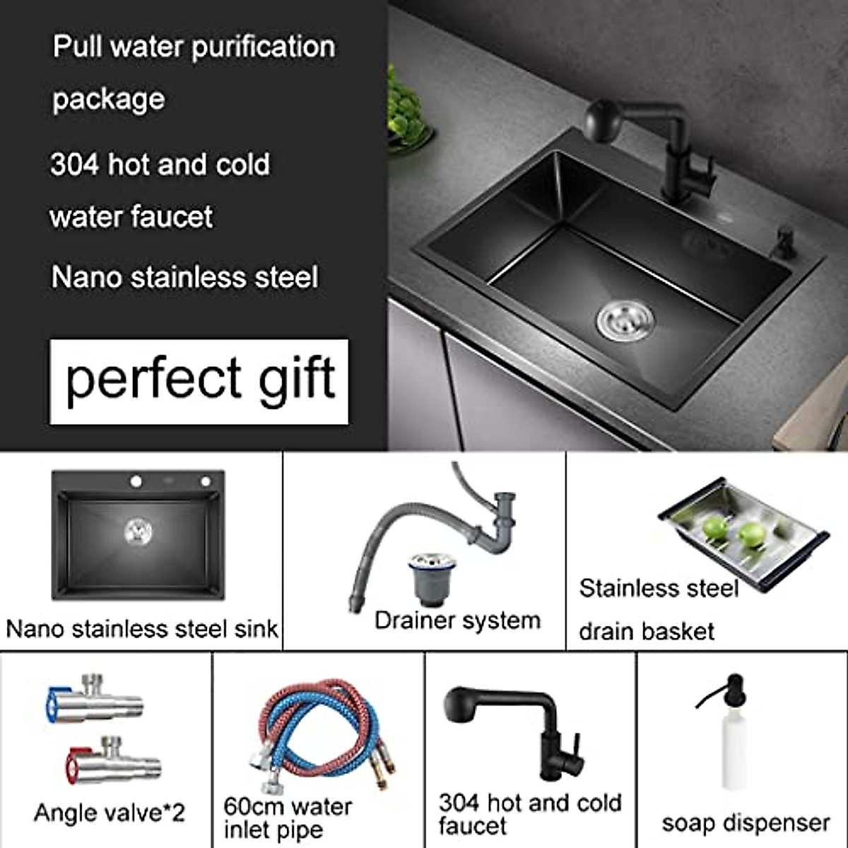 HAMEXLN Black 304 nanometer Stainless Steel Sink Bathtub Single Bowl Home Kitchen Large Sink Square Single Tank with soap Dispenser, 72x45x20cm