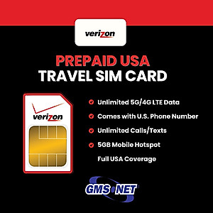 USA Prepaid SIM Card (Verizon Network) | Unlimited 5G/4G Internet Data in USA (Including Hawaii) | Unlimited Calls and Texts Within US (30Days) (Does not Work with HOTSPOTS)