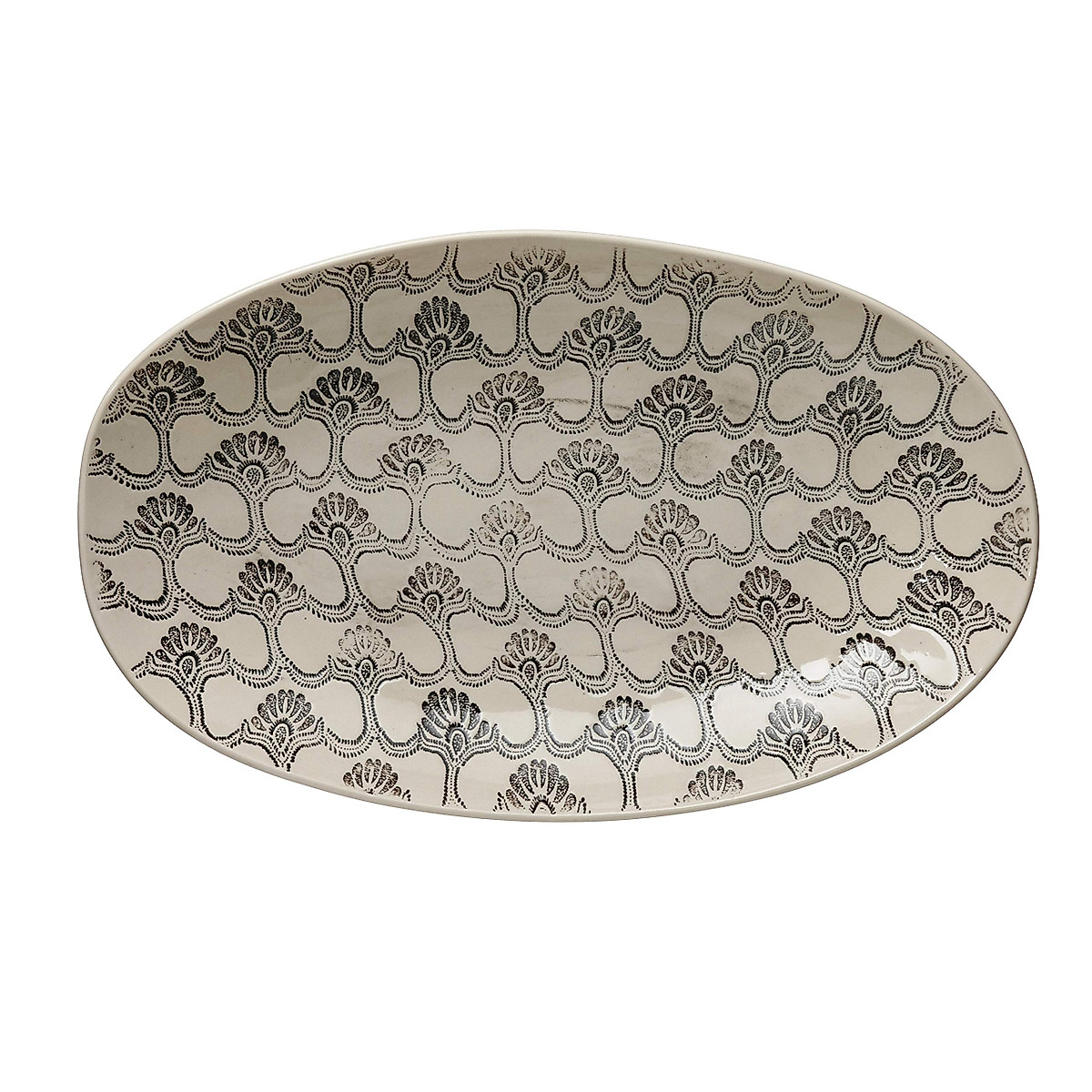 Creative Co-Op Hand-Stamped Stoneware Serving Bowl with Embossed Pattern, Black & Cream Color
