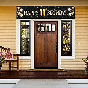 Kimini-Ki Happy 11th Birthday Banner, Lager 11th Birthday Banner Backdrops, 11th Years Old Decor, 11th Birthday Party Decorations for Boys or Girls - Black and Gold (11th)