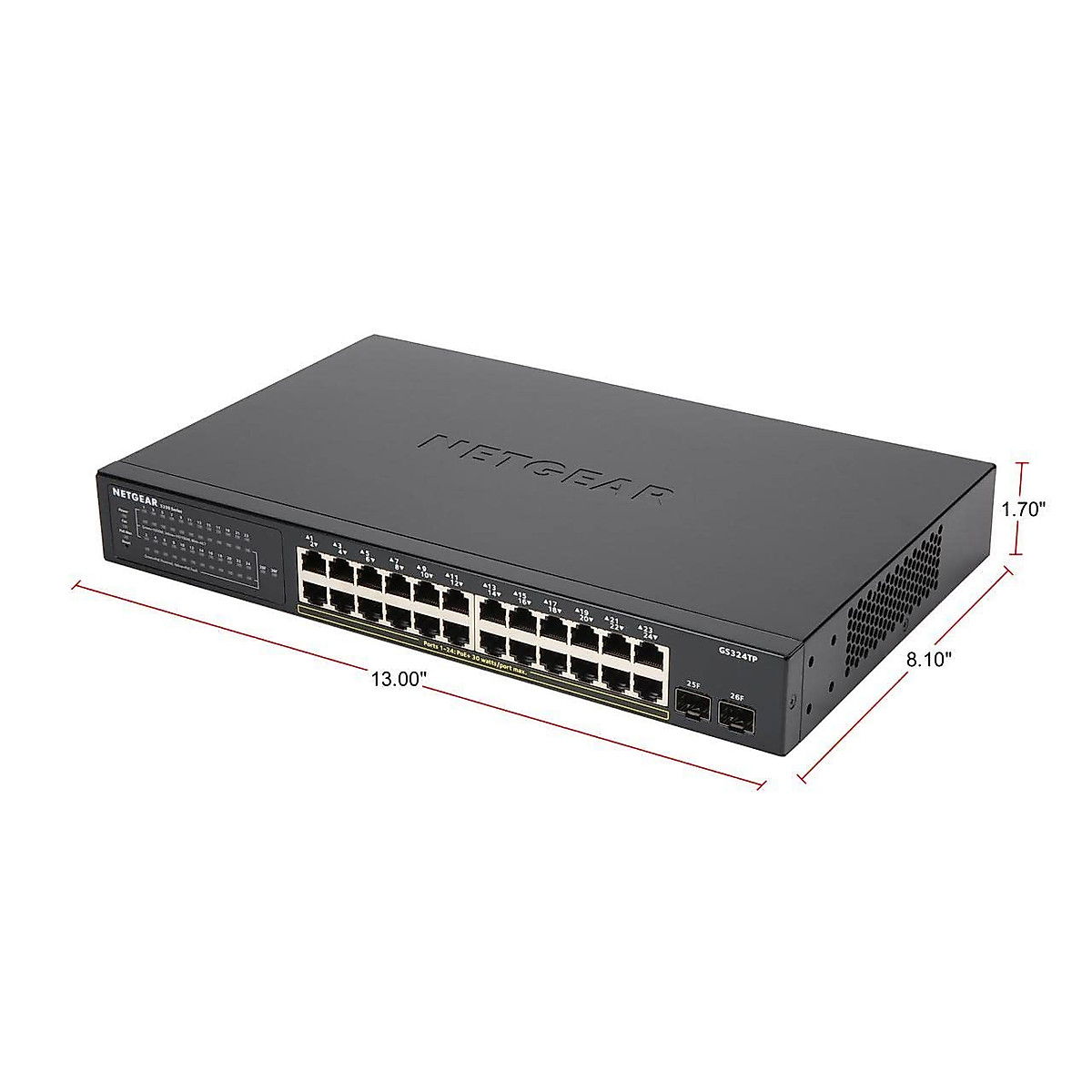 NETGEAR 26-Port PoE Gigabit Ethernet Smart Switch (GS324TP) - Managed, with 24 x PoE+ @ 190W, 2 x 1G SFP, Desktop or Rackmount, S350 series