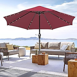 Magshion 9FT Solar Patio Umbrella with 32 LED Lights, Outdoor Market Umbrella with 8 Steel Ribs & Crank Lift, Windproof Sunshade for Garden, Deck, Backyard & Pool (Burgundy)