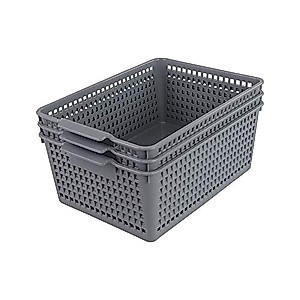 Farmoon Grey Weave Plastic Basket, Plastic Storage Baskets Organizer, 3 Packs