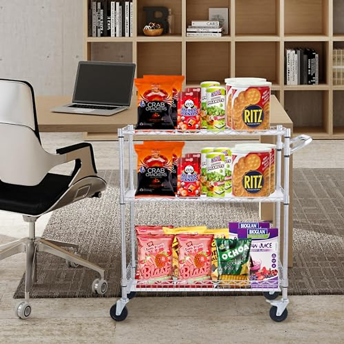 VEVOR Kitchen Utility Cart, 3 Tiers, Wire Rolling Cart with 661 LBS Capacity, Steel Service Cart on Wheels, Metal Storage Trolley with 80 mm Deep Basket Curved Handle PP Liner 6 Hooks, NSF Listed
