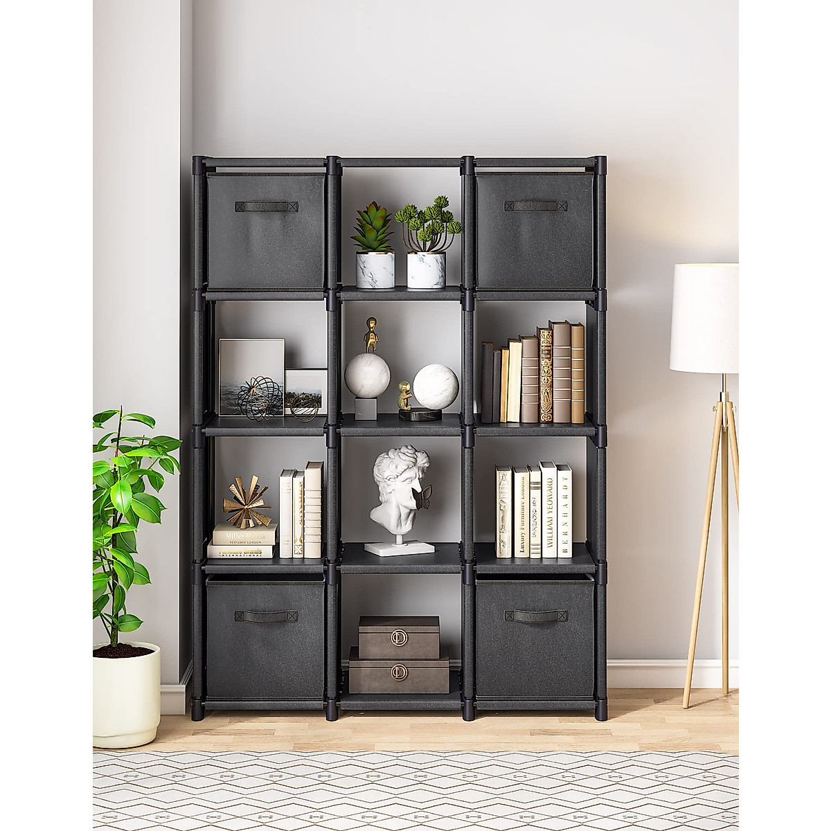Tribesigns 12 Cubes Storage Organizer DIY Storage Shelves Stackable Open Bookshelf with 4 Cube Storage Bins with Handle Organizer 10.5" x 10.5" for Closet Rack Cabinet Bedroom Livingroom, Black