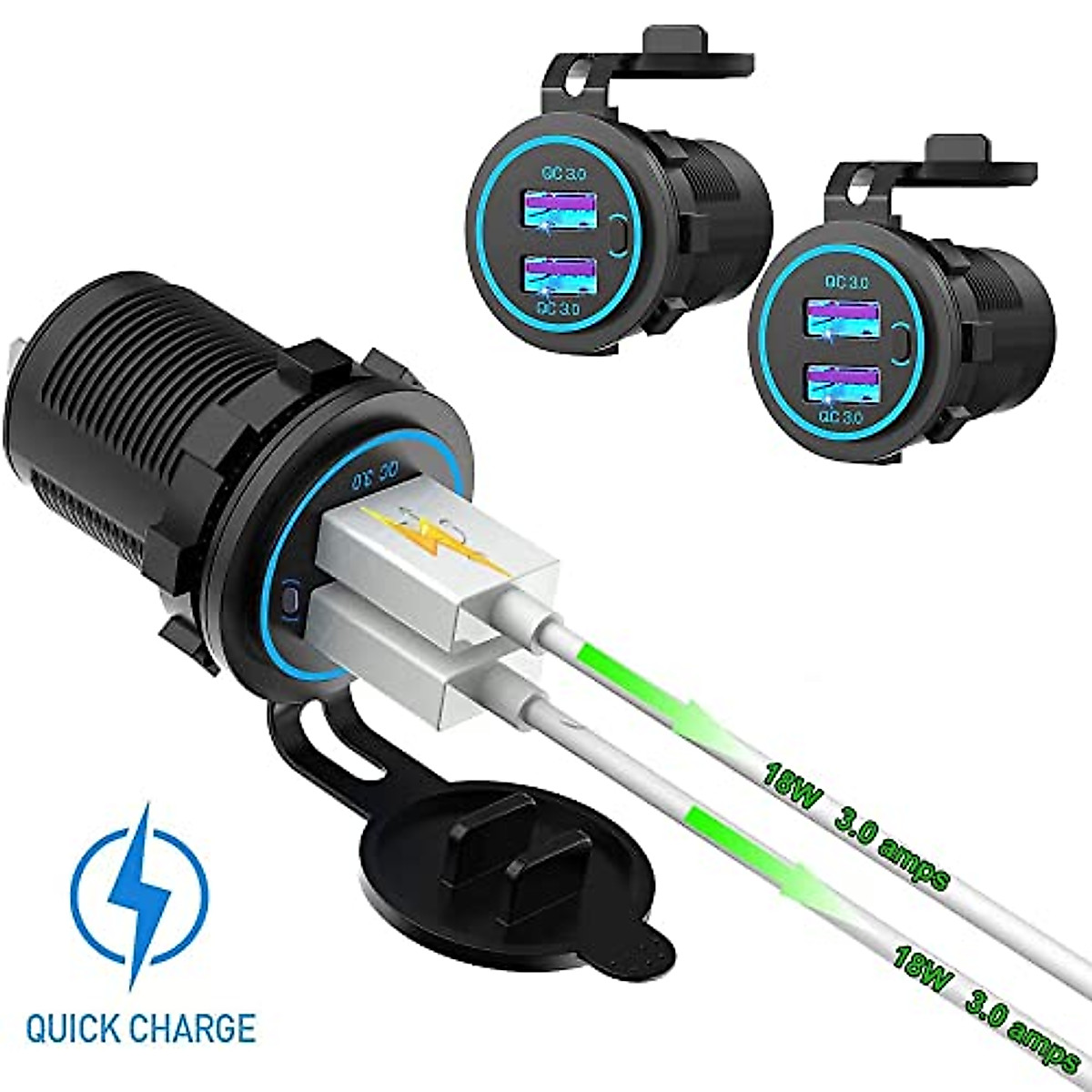 [2 Pack] 12v USB Outlet,Dual USB Quick Charger 3.0 Port Waterproof Power Outlet 12V/24V Fast Charge USB Charger Socket with Power Switch for Car Golf Cart Boat Marine Bus Truck RV Marine Motorcycle