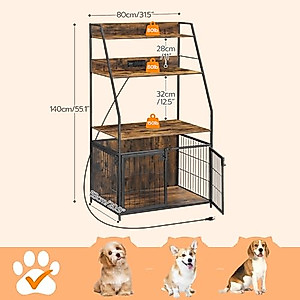 Dog Crate Furniture with Storage Shelves, 31.5 Inch Heavy Duty Dog Crate with Power Outlet, Wooden Dog Kennel Indoor Furniture for Small Medium Dogs, Three Doors, Rustic Brown and Black BF80UGW03