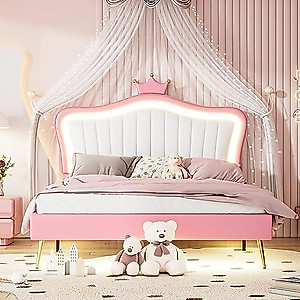 Linique Queen Size Upholstered Bed Frame with LED Lights, Modern Upholstered Princess Bed with Crown Headboard, White+Pink