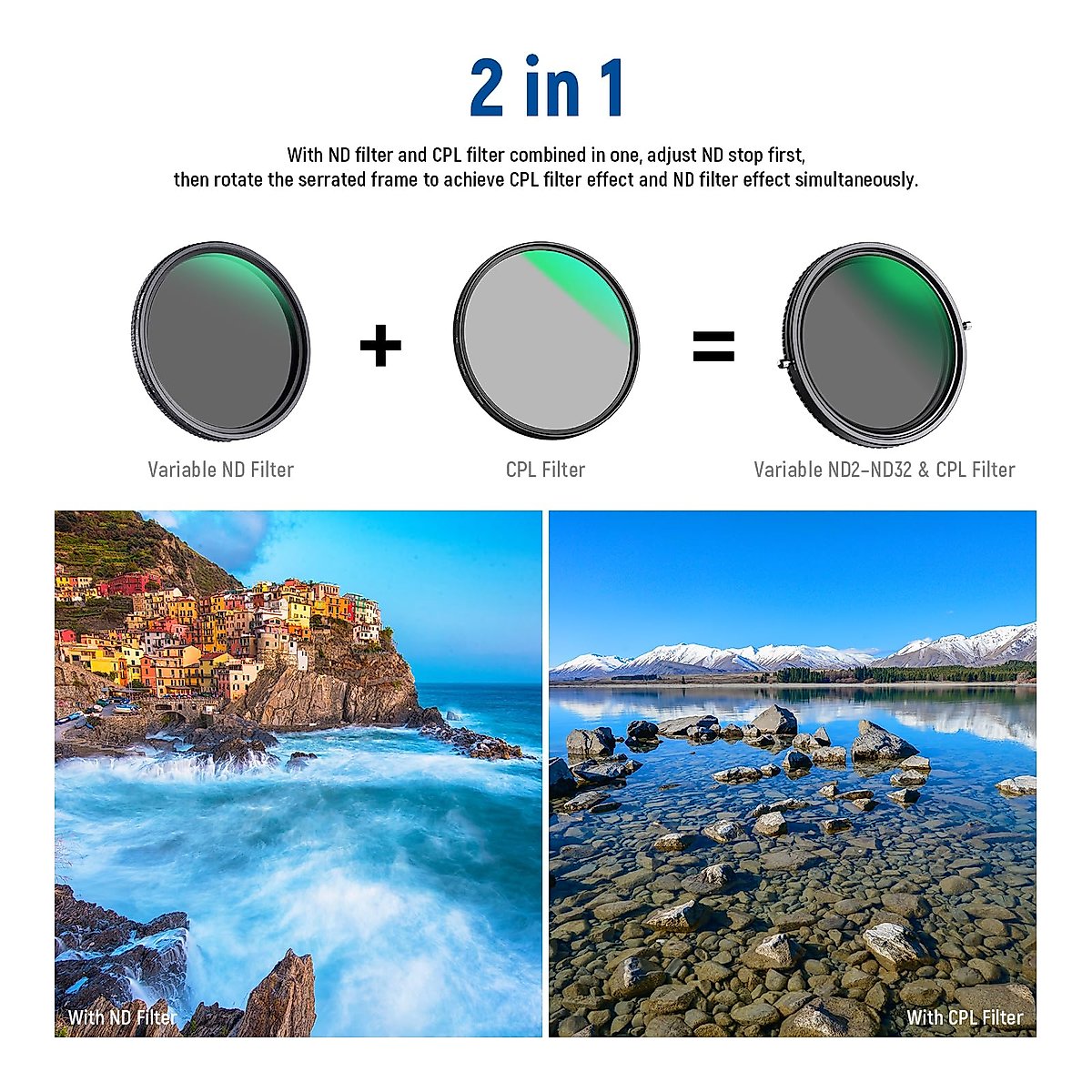 NEEWER 2 in 1 82mm Variable ND Filter ND2–ND32&CPL Filter(Circular Polarizer Filter) No X Cross/30 Layer Nano Coated/HD Optical Glass/Ultra Slim Aluminum Alloy Frame/Water Repellent/Scratch Resistant