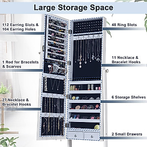 COSTWAY Standing Jewelry Armoire Cabinet, 4-Angle Tilting Jewelry Organizer with Full-length Mirror and Large Storage Capacity, Lockable Jewelry Cabinet for Bedroom, Dressing Room (White)