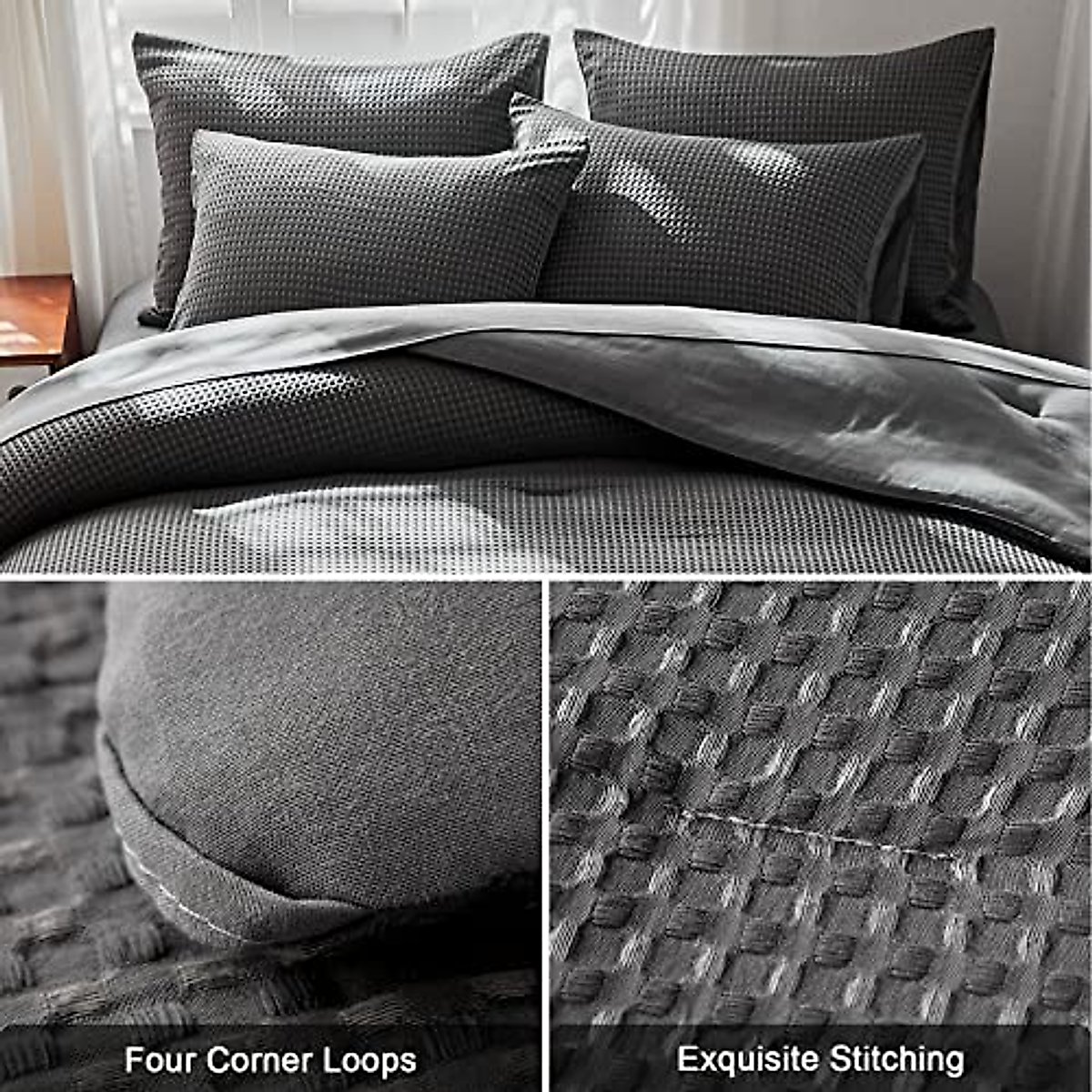 WARMDERN Grey Comforter Set King Size Waffle Weave Lightweight Bedding Comforter Sets Soft Microfiber Down Alternative Comforter 7 Pieces Bed in A Bag All Season(Gray, King)