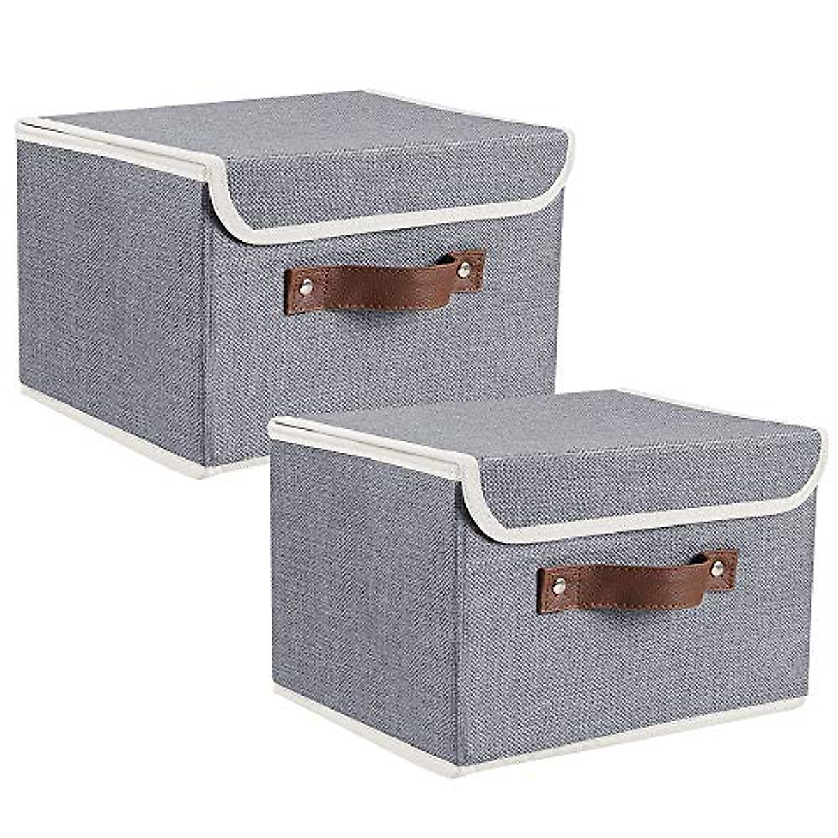 Lucky Monet 2 Pack Linen Fabric Foldable Storage Bin Set Collapsible Storage Box Cube Closet Organizer with Lid & Faux Leather Handle, 10”x8”x7” (Grey)